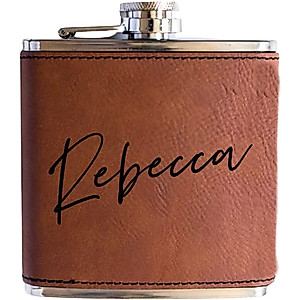 Personalized Flask For Wedding Gift. Customized Flask Gift Set. Engraved Leatherette Flask With Optional Gift Box For Groomsmen Gifts. Engraved Flask (Rawhide)