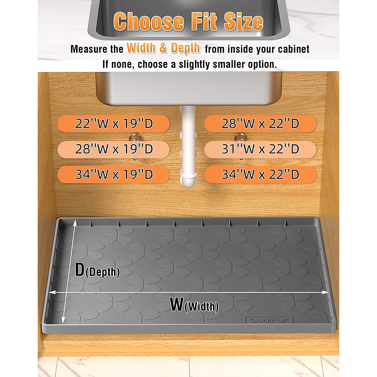 CoolFair Waterproof Under Sink Mat, 34" x 22" Silicone Mat for Kitchen Bathroom, Cabinet Liner for Kitchen Organizers and Storage Sink Drip Tray, Leaks, Easy to Clean, Holds 3.3 Gallons - Gray