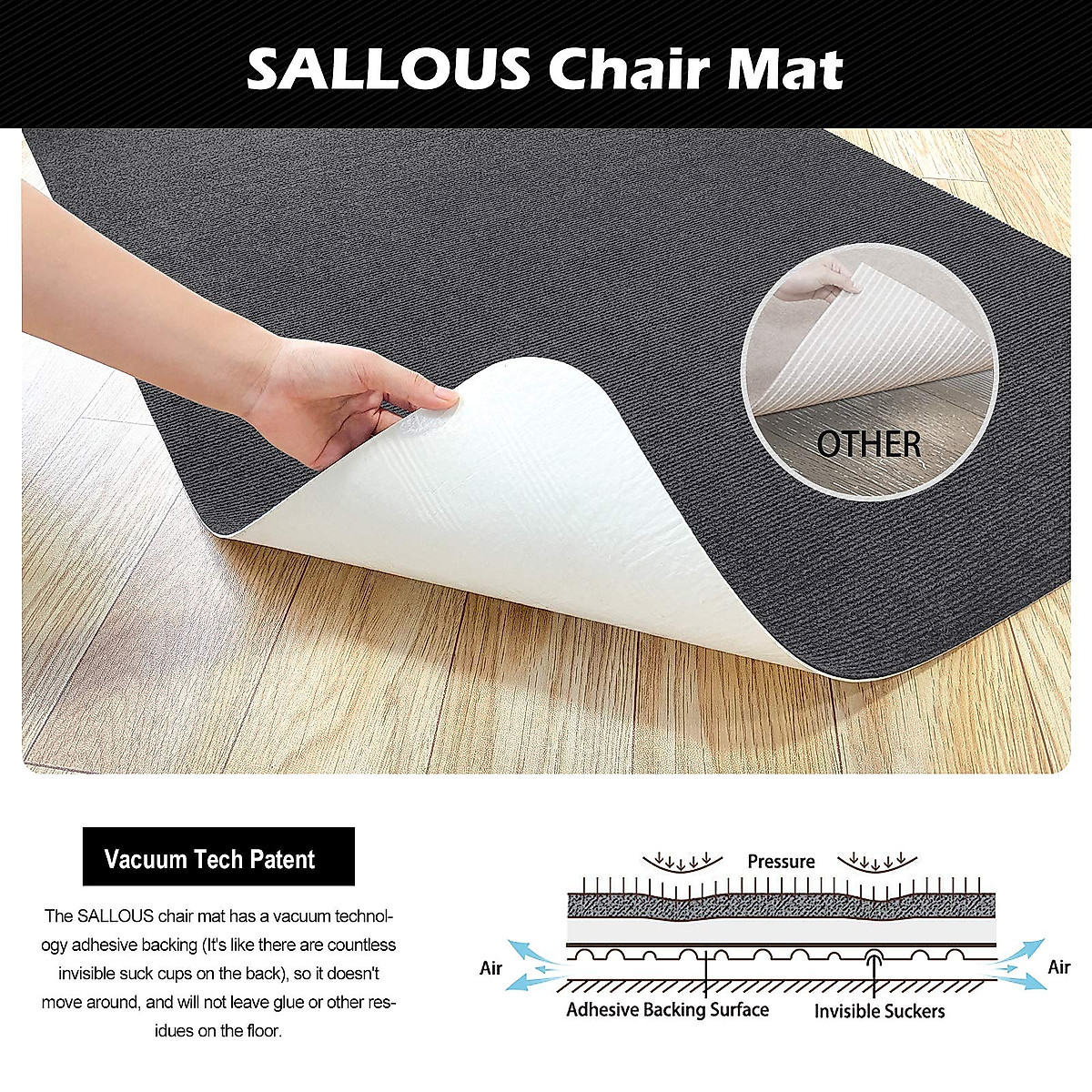 SALLOUS Chair Mat for Hard Floors, 63"x51" Large Office Chair Mat for Hard Surface, Chair Mat for Hardwood Floor, Multi-Purpose Low-Pile Desk Rug for Home, Rolled Packaging, Dark Grey