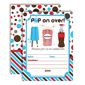 Pop On Over Soda and Popcorn Birthday Party Invitations, 20 5x7 Fill In Cards with Twenty White Envelopes by AmandaCreation