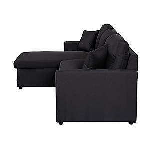 FurniFusion Living Room L-Shape Linen Reversible Sleeper Sectional Sofa with Storage Chaise, Black Corner Couch with Arms for Home Furniture, Apartment, Dorm, 82 Inch
