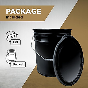 ATERET 5 Gallon Black Metal Bucket & Lever Lock Pail Lid, Heavy Duty Durable Pails and Lids for Outdoor and Household Use (1 Pack)
