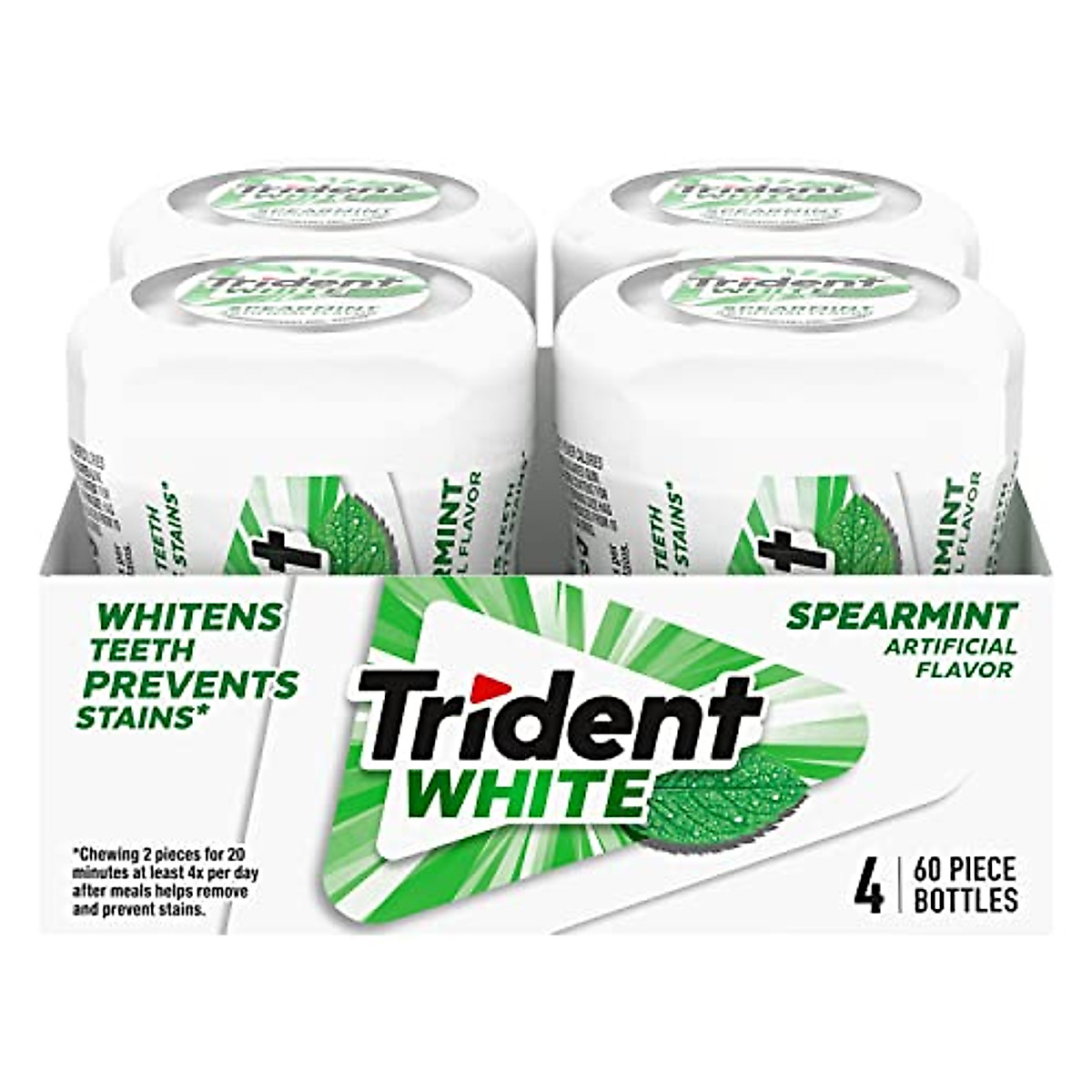 Trident White Spearmint Sugar Free Gum, 4 Bottles of 60 Pieces (240 Total Pieces)