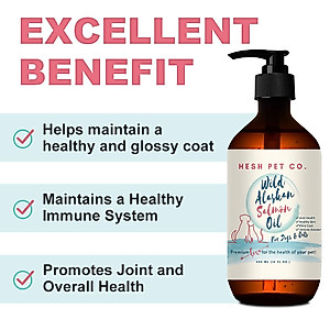 Premium Wild Alaskan Salmon Oil for Dogs & Cats 16oz Skin & Coat Natural Liquid Food Supplement for Pets, Fish Oil, Omega 3, EPA + DHA Fatty Acids for Joint Function, Immune & Heart Health!