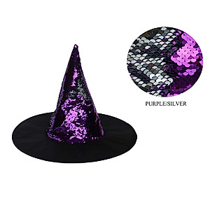 Hooin Halloween Reversible Sequin Witch Hat. Reversible Sequin Costume Party Hat. (Purple & Silver)