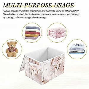 Kigai Storage Basket Rose Gold Abstract Marble Storage Boxes with Lids and Handle, Large Storage Cube Bin Collapsible for Shelves Closet Bedroom Living Room, 16.5x12.6x11.8 In