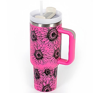 WEXINBF 40oz Tumbler With Handle And Straw Lid, Double Wall Vacuum Insulated Tumbler for Hot or Cold Drink, Stainless Steel Water Bottle Travel Mug, Large Iced Coffee Cup (Hot Pink Sunflower)
