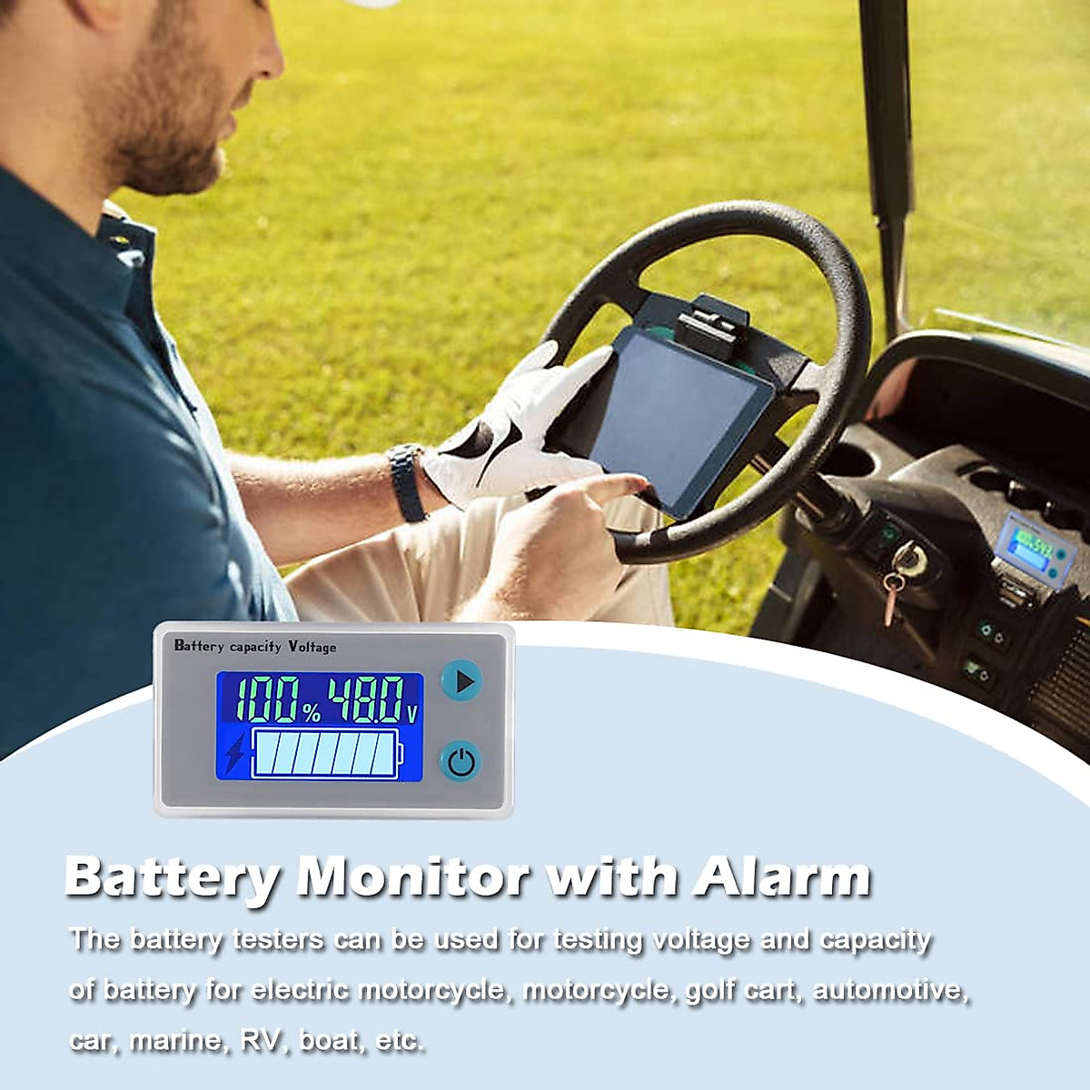 ALMOCN 10-100V Battery Monitor LCD 12V 24V 36V 48V Digital Battery Capacity Voltmeter Tester Percentage Level Voltage Temperature Monitor Meter with Cable