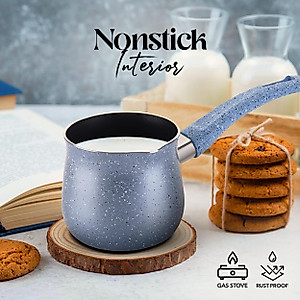 Alpine Cuisine Coffee Warmer 28oz Nonstick Coating, Marble Blue with Bakelite Handle, Turkish Coffee Maker Butter Warmer Aluminum Greek Coffee Heating Melting Milk Pot for Home & Café