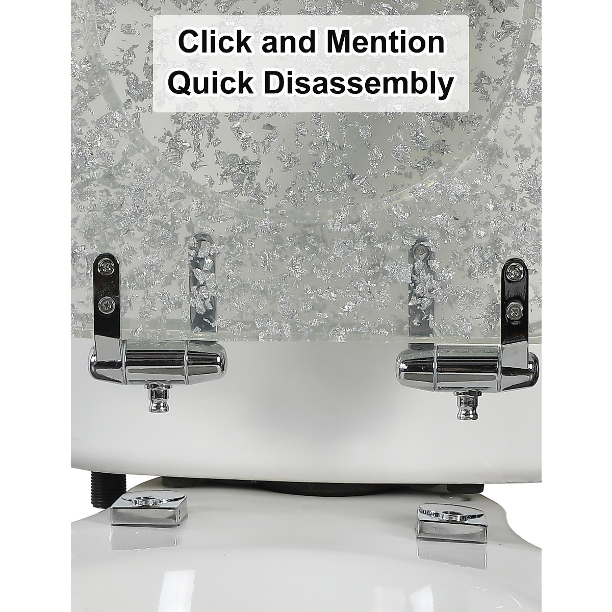 Angol Shiold Resin Round Toilet Seat Glitter Silver, Slow Quiet-Close Heavy Duty Acrylic Toilet Seats for Standard Toilets, Easy Installation & Cleaning (Round 17", Silver Foil, Upgraded hinge)