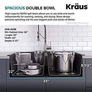 KRAUS 33 Inch Dual Mount 50/50 Double Bowl Granite Kitchen Sink w/Top mount and Undermount Installation in Black Onyx with WasteGuard™ Continuous Feed Garbage Disposal, KGD-433B-100-75MB