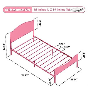 Timy Pink Kids Twin Bed Frame with Wooden Headboard and Footboard, Metal Platform Bed Frame for Boys Girls Teens Adults, Modern Kids Bed Furniture, No Box Spring Needed