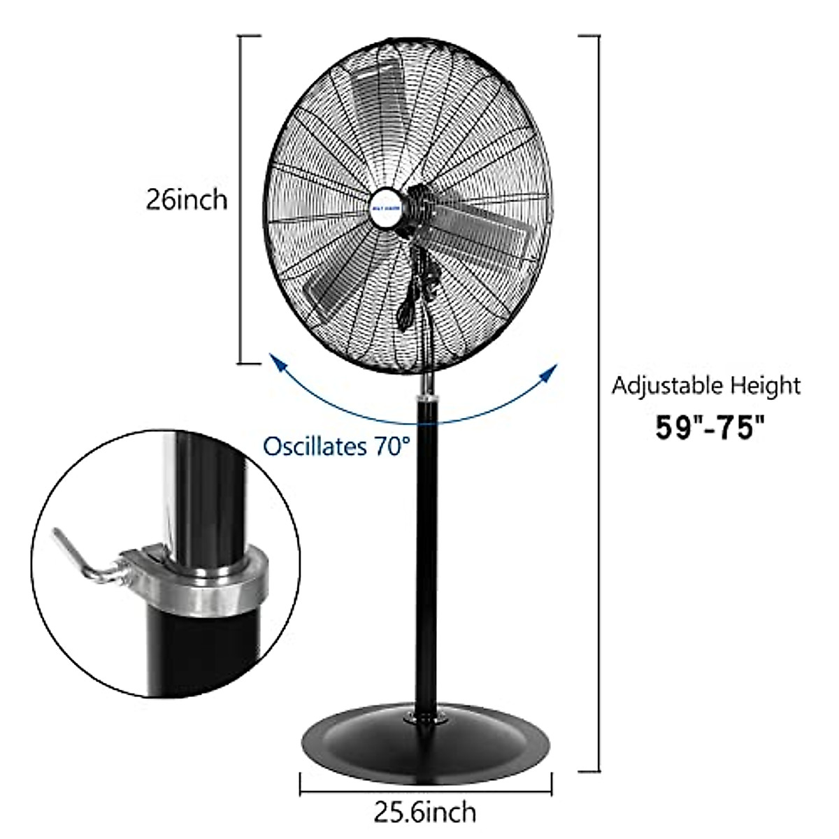 BILT HARD 6450 CFM 24" High Velocity Pedestal Oscillating Fan, 3-Speed Heavy Duty Industrial Standing Fan with Aluminum Blades and Adjustable Height, Metal Shop Fan for Commercial, and Garage