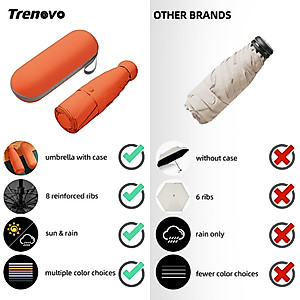 Trenovo Travel Mini Folding Compact Umbrella With Case - 8 Ribs Lightweight Portable for Sun & Rain, Small Pocket for Girls and Women - Orange