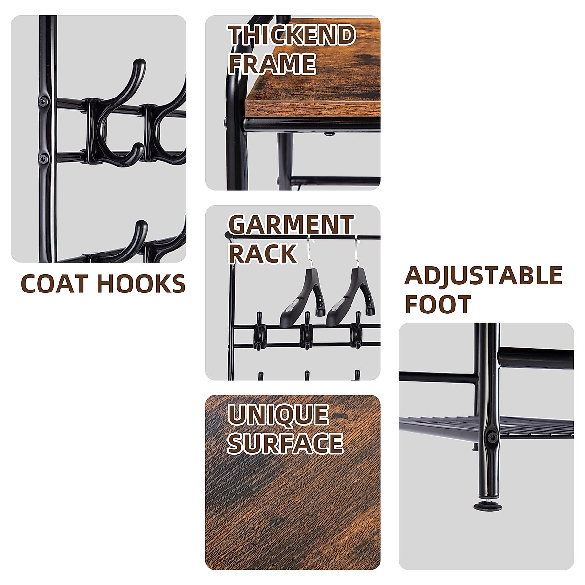 IDEALHOUSE Hall Tree, Entryway Bench, Coat Rack Freestanding Shoe Bench, 3 in 1 Hall Tree Entryway Storage Bench, Multifunction Bench with Steel Frame, 8 Large Hooks, 3-Tier Storage Shelf