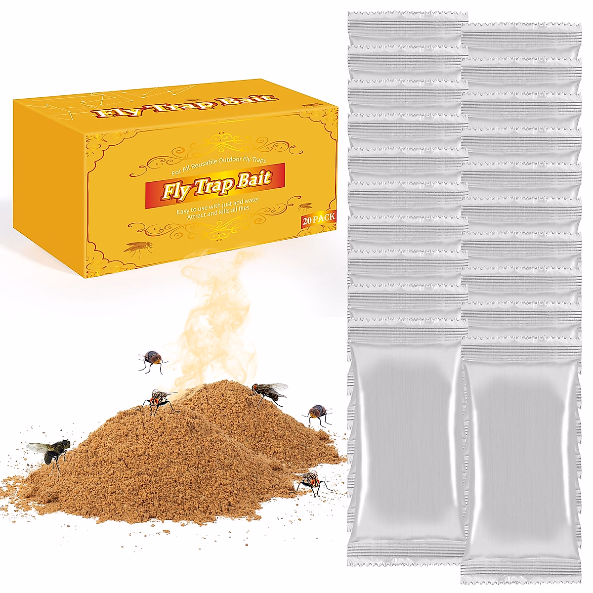 Dwcom 20x30g Fly Trap Bait Refills, Natural Fly Bait Refill for All Reusable Outdoor Fly Traps, Fly Bait Refill Packets, Fly Attractant