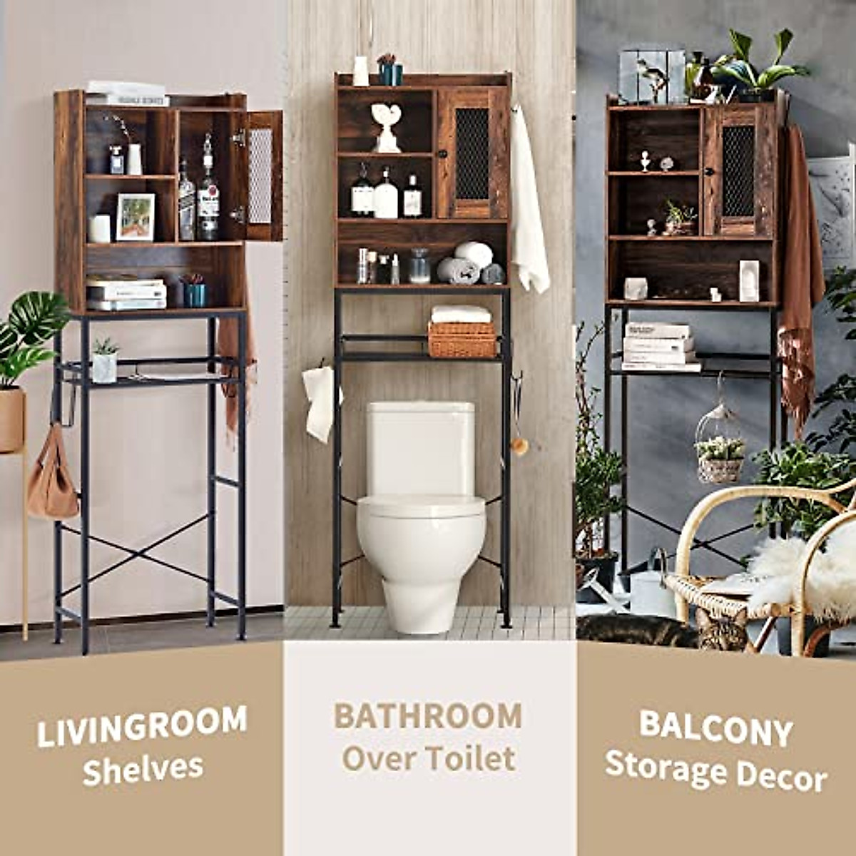 Labonida Over The Toilet Storage Cabinet - 5-Tier Freestanding Bathroom Organizer - Retro Space Saver Toilet Shelf - Multi-Function Display Shelves with Door