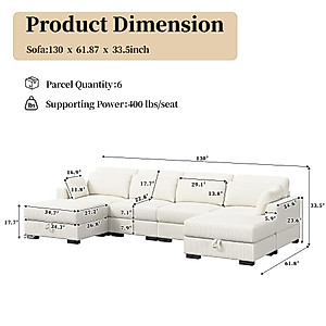 Nynsley 130 Inch Sectional Couches for Living Room,6 Seater Lounge Sofa with 2 Ottoman,Corduroy Cloud Couch with 6 Pillows,Oversized U Shaped Modular Sectional Sofa for Apartment Office Hotel Beige