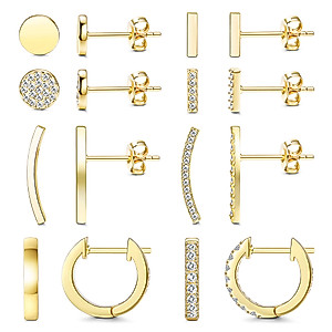 FIBO STEEL 8 Pairs Stainless Steel Star Bar Stud Earrings for Women Cute CZ Stud Earring Set Gold