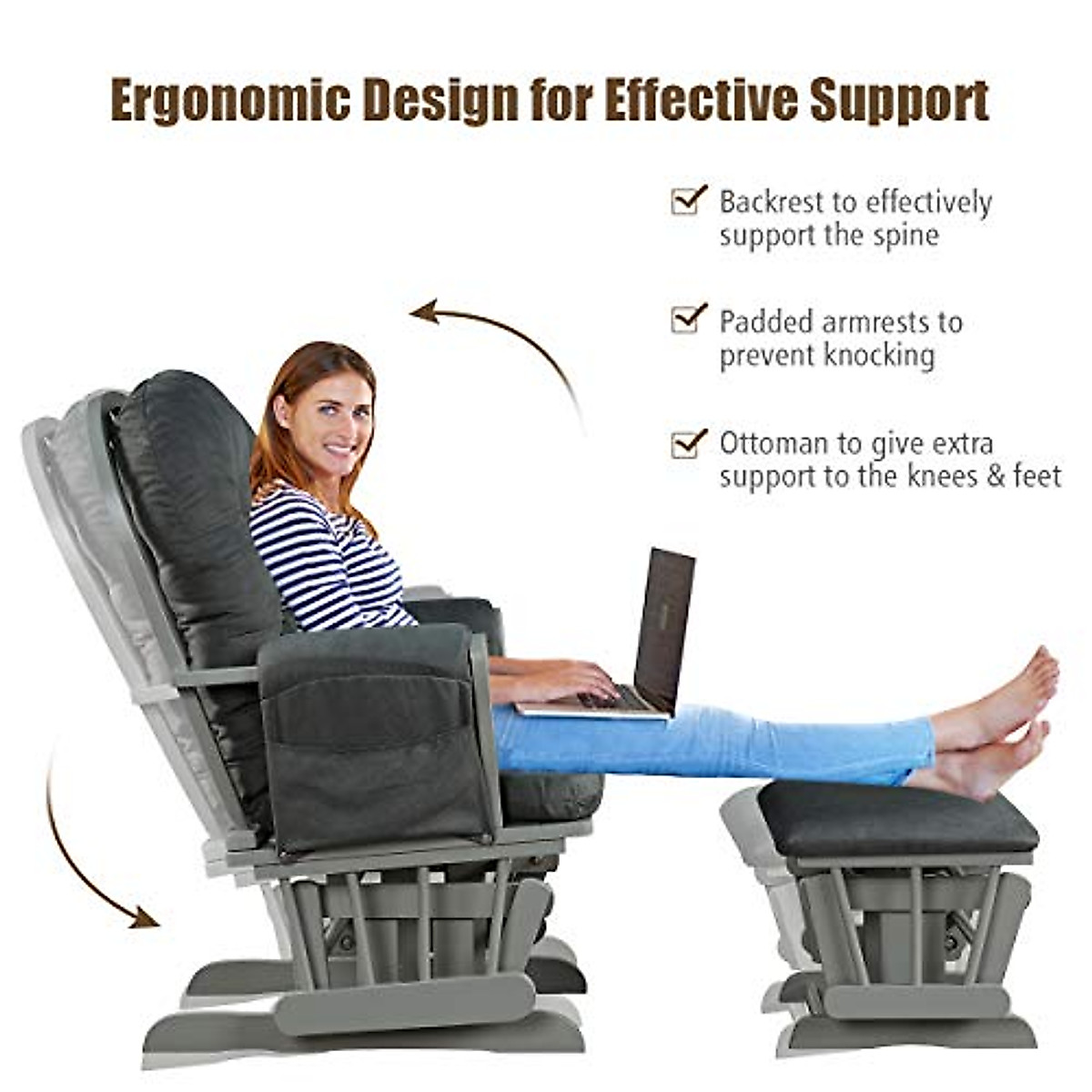 Costzon Baby Glider and Ottoman Cushion Set, Wood Baby Rocker Nursery Furniture, Upholstered Comfort Nursery Chair & Ottoman with Padded Arms (Dark Gray)