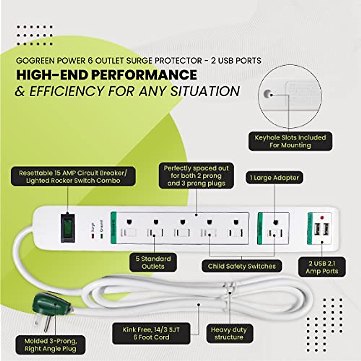 GoGreen Power GG-16326USB 6 Outlet Surge Protector with 2 USB Ports, White, 6 ft Cord