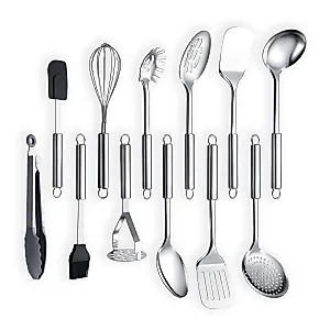 Berglander Cooking Utensil Set 12 Piece Stainless Steel Kitchen Tool Set, Include Cooking Spoon, Spatula, Whisk, Cooking Tong and etc (12 Pieces)