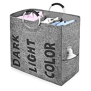 OTraki 3 Sections Laundry Hamper with Handle 106L 3 Compartment Divided Basket for Laundry Heavy Duty Collapsible Dirty Clothes Sorted Bag for School Dorm Bedroom Bathroom Closet Apartment Grey