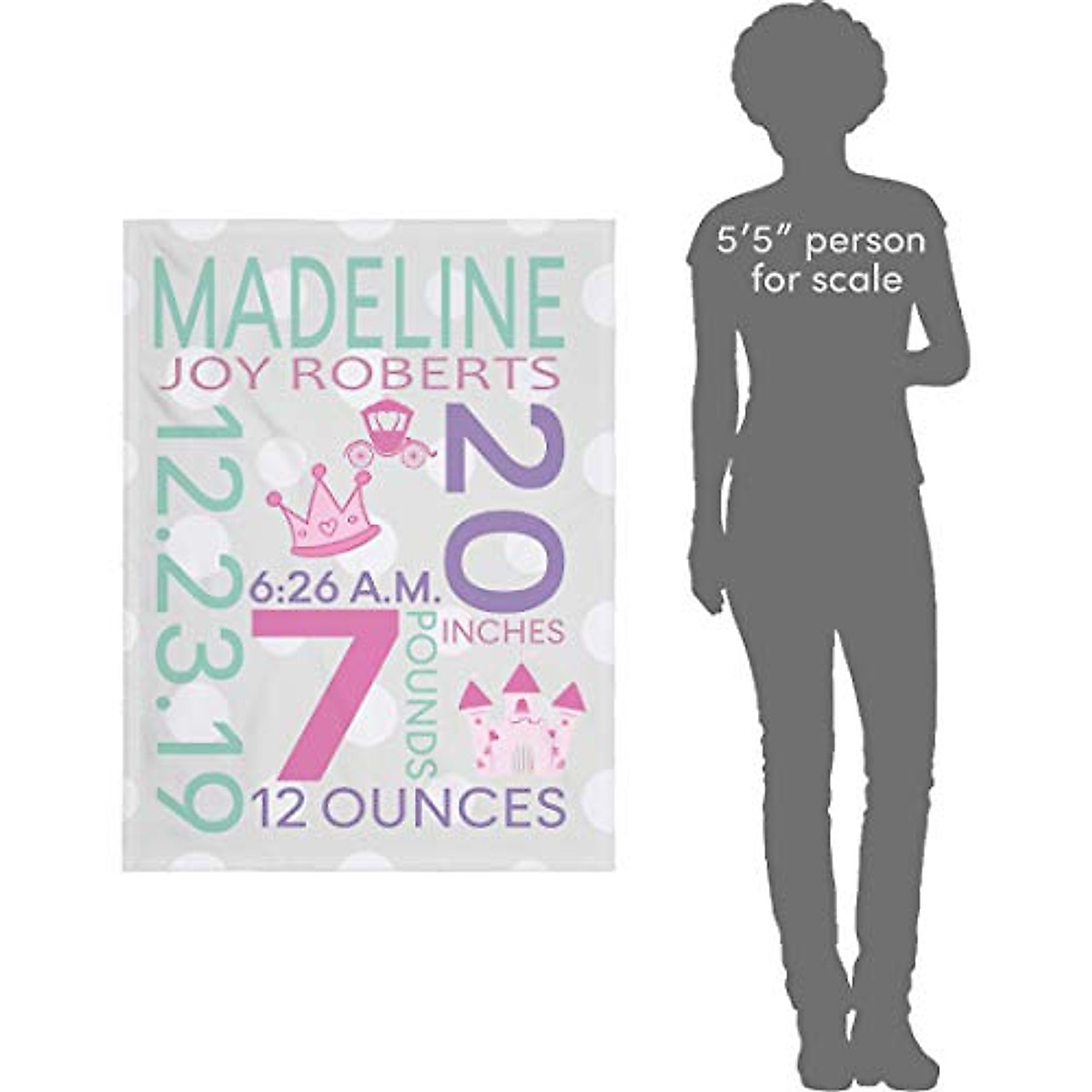 Personalized Baby Blanket with Birth Information for Girls and Boys. Customized Name Blanket from Baby's Name, Date of Birth, Weight, Length... Gift for New Born Baby, New Dad Mom (Girl-Princess)