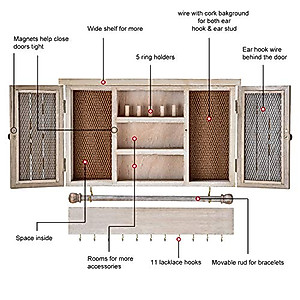 X-cosrack Rustic Hanging Jewelry Organizer,Wall Mounted Mesh Jewelry Holder,for Necklaces,Earings, Bracelets,Ring Holder,with Removable Bracelet Rod,Hooks,Wooden Barndoor Decor