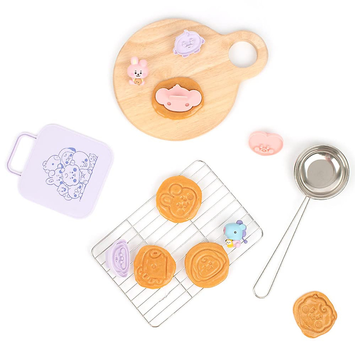 BT21 Squid Biscuits Sugar Pie Game Korean Sugar Candy Making Tools Set DALGONA Kit (7pcs in 1set), Ladle, Shape frame, Press Stainless Steel, bottom plate, Circle case