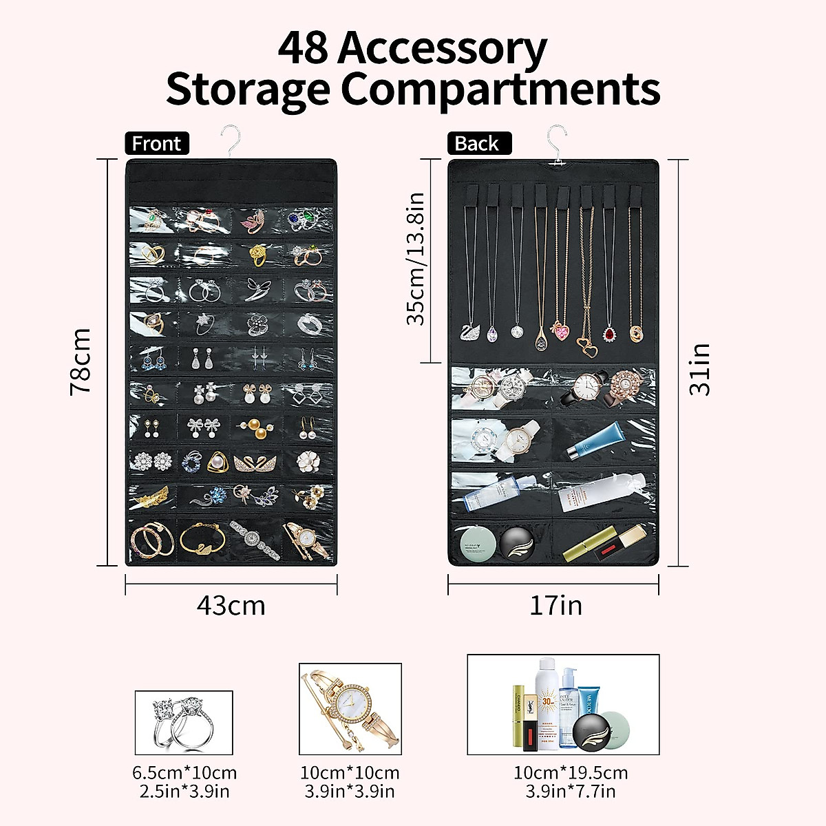 Chahot Hanging Jewelry Organizer-Closet Earring Holder Organizer with 48 Pockets & 8 Velcro, Double Side Large Jewelry Holder Earring Organizer for Earring Bracelet Rings Chain with Hanger, 1 Piece