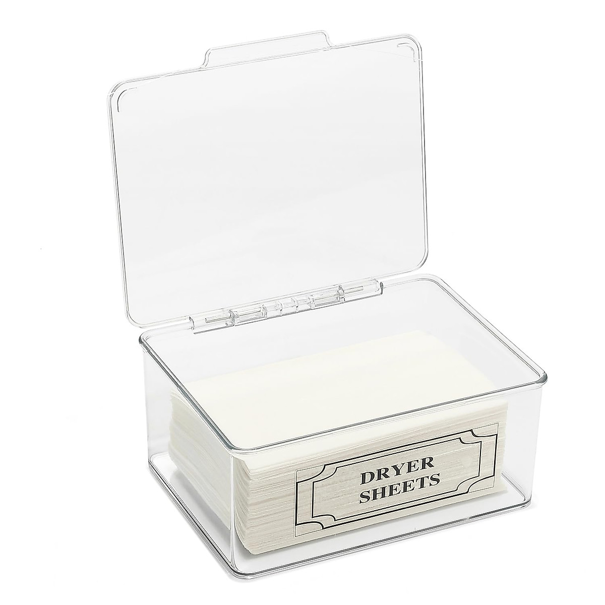 SSTATES Clear Acrylic Dryer Sheets Holder, Flip-top Laundry Pods Container with 2 Label Decals for Laundry Room Organization and Décor, Stackable Storage Box (1 Pc)