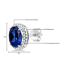 Gem Stone King 5.08 Cttw Blue Created Sapphire Halo Earrings For Women In 925 Sterling Silver | Oval 9X7MM