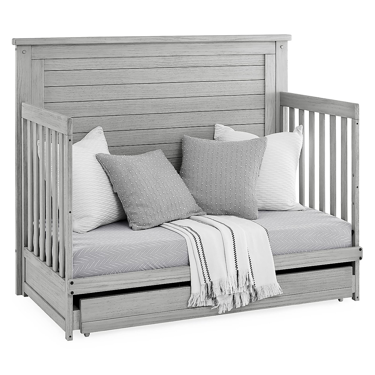Delta Children Simmons Kids Caden 6-in-1 Convertible Crib with Trundle Drawer, Greenguard Gold Certified, Rustic Mist