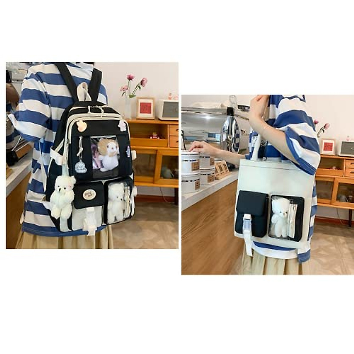 TABANA Kawaii Aesthetic School Backpack 5Pcs Combo Set with Cute Bear Pendant Pins Daypack Small Laptop School Bag Essential Kit (Black)