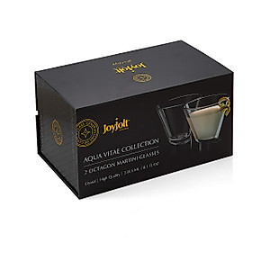 JoyJolt Aqua Vitae Martini Glass Set of 2. Crystal Glassware, Round Drinking Glasses with Off Set Octagon Base. Stemless Cocktail Glasses and Dessert Glasses. Unique Christmas Gifts