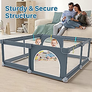 Foldable Playpen, Extra Large Baby Playpen (71×71 inch), Playpen for Babies and Toddlers with Zipper Gates, Adjustable Shape & Portable Baby Fence, Anti-Fall Baby Play Yards (Grey)