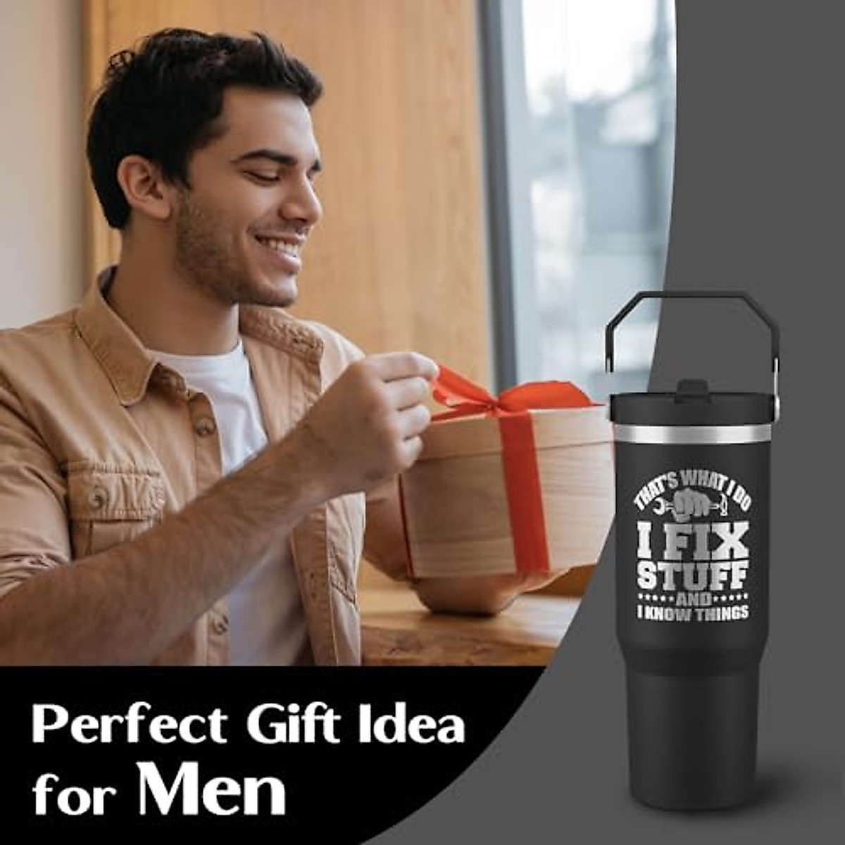 qchdln Funny Gifts For Men - That's What I Do I Fix Stuff and I Know Things Cup - 30oz Insulated Tumbler with Handle - Cool Fathers Day,Birthday,Christmas Gifts for Dad,Grandpa,Husband,Uncle