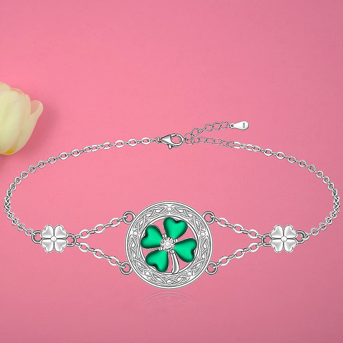 Four Leaf Clover Bracelet for Women St Patricks Day Shamrock Bracelets Sterling Silver Celtic Knot Irish Green Clover Jewelry Charm Lucky Gifts