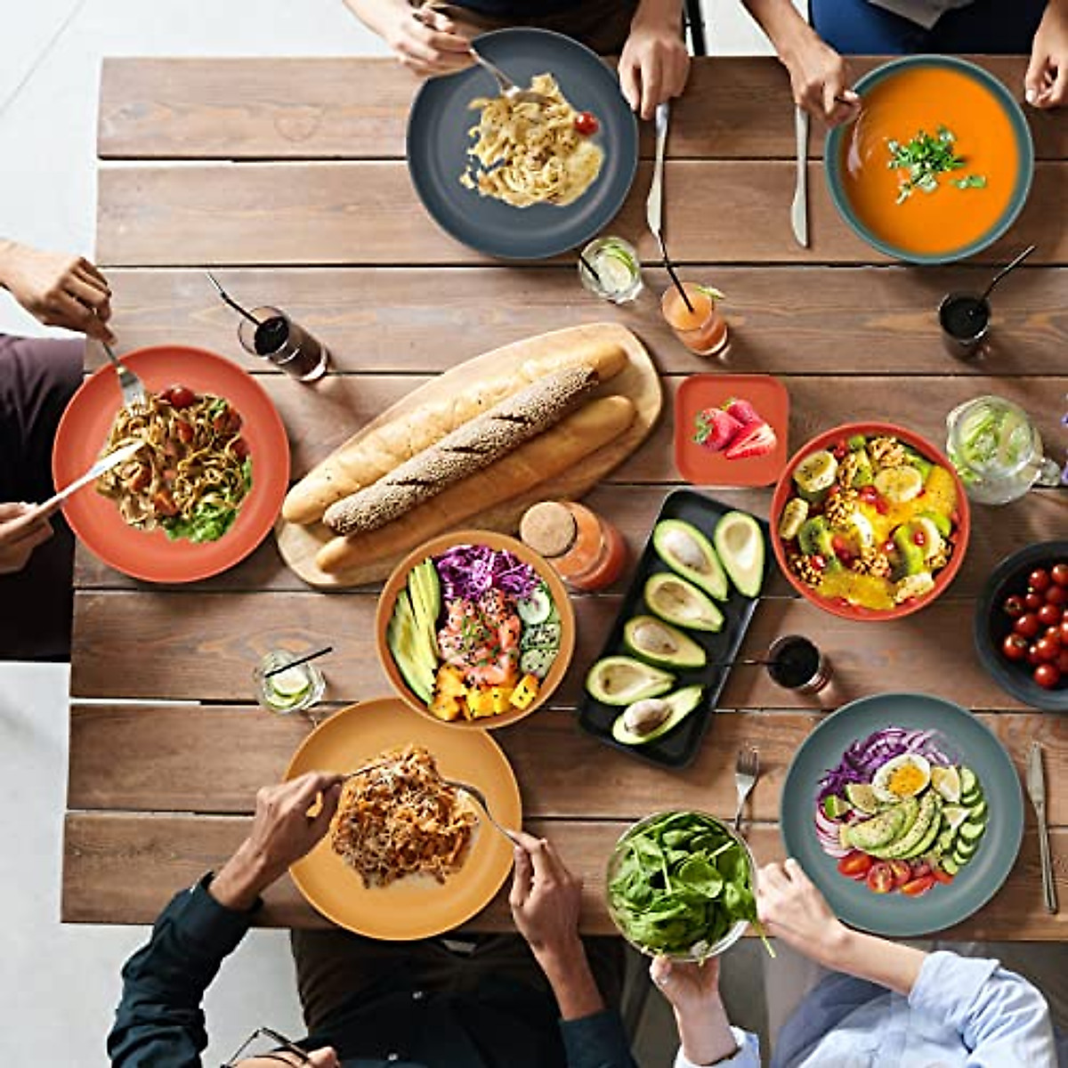 48 Pcs Wheat Straw Dinnerware Sets, Unbreakable Plates and Bowls Sets, Reusable Dinnerware Sets for 4 People, Travel Camping Picnic Home Party Cutlery Set, Dishwasher Microwave Safe Dishes