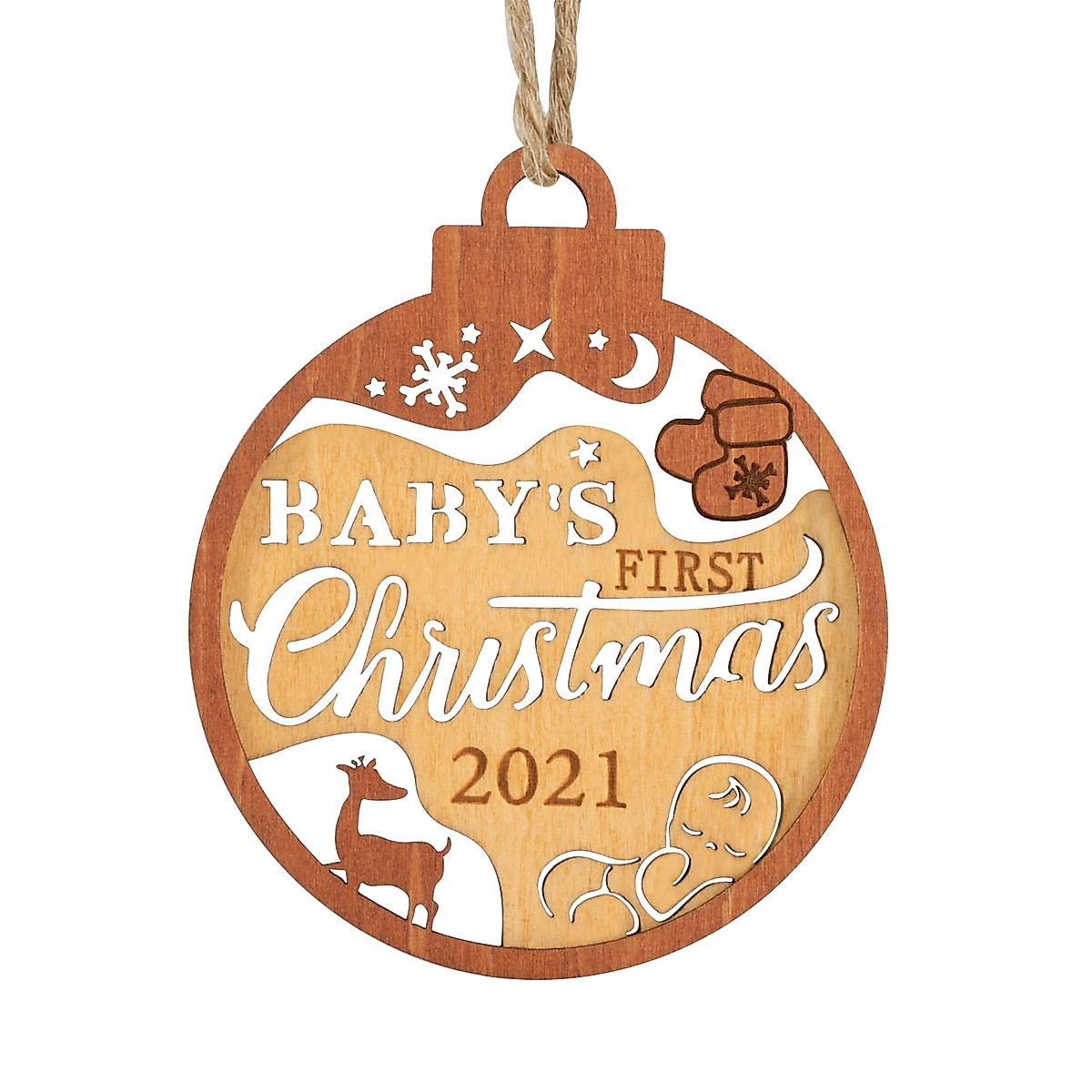 Creawoo Baby’s First Christmas 2021 Ornament, Wooden Christmas Tree Ornaments, Family Holiday 1st Xmas Keepsake Gift for New Born Baby Boys, Girls and New Parents with Hollowed Design