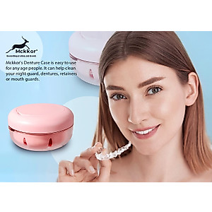 Denture Case, Definitely No-Leak Denture Bath Box for Traveling Perfectly, Denture Cup with Strainer & Mirror(Pink)