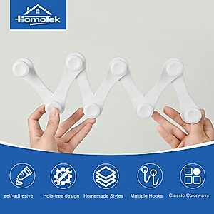 HOMOTEK Adhesive Accordion Wall Hanger Coat Hook Rack, Expandable Bathroom Towel Rack, Plastic Hanging Wall Mounted with 8 Hooks for Hats, Coat, Mugs, Scarf, Jewelry Storage,White