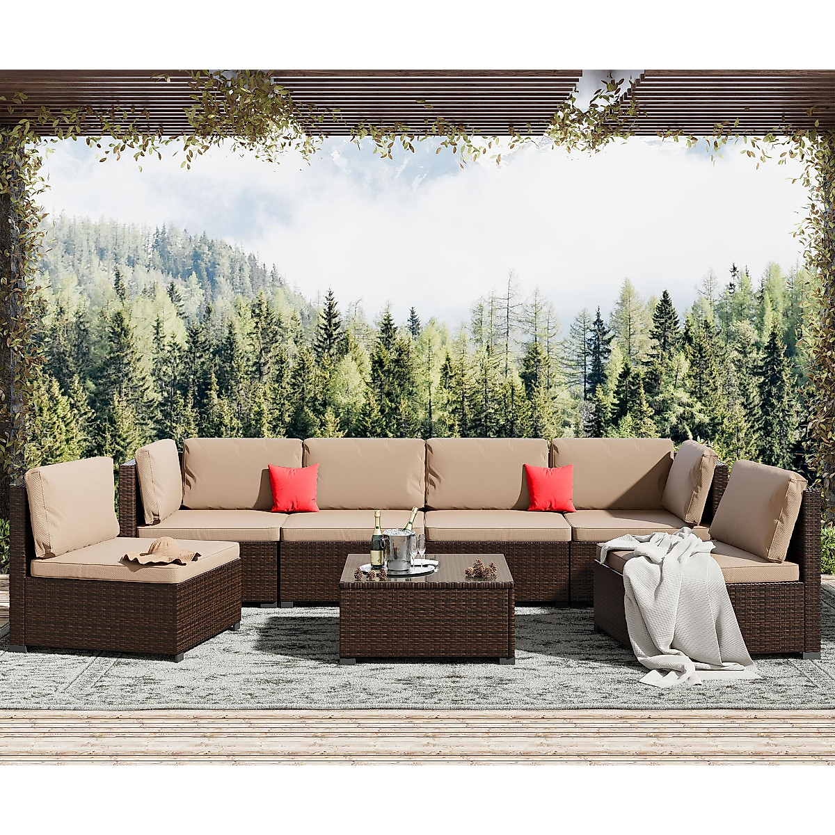 LHBcraft 7 Piece Patio Furniture Set, Outdoor Furniture Patio Sectional Sofa, All Weather PE Rattan Outdoor Sectional with Beige Cushion and Glass Table, Clips.