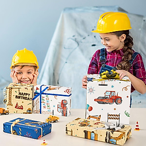 WERNNSAI Construction Wrapping Paper Rolls - 3 Short Rolls Birthday Wrapping Paper Rolls Kids Boys Wrapping Paper Rolls Trucks Wrapping Paper Blue Yellow White Gift Wrapping Paper with Cut Lines 17 in x 10 ft
