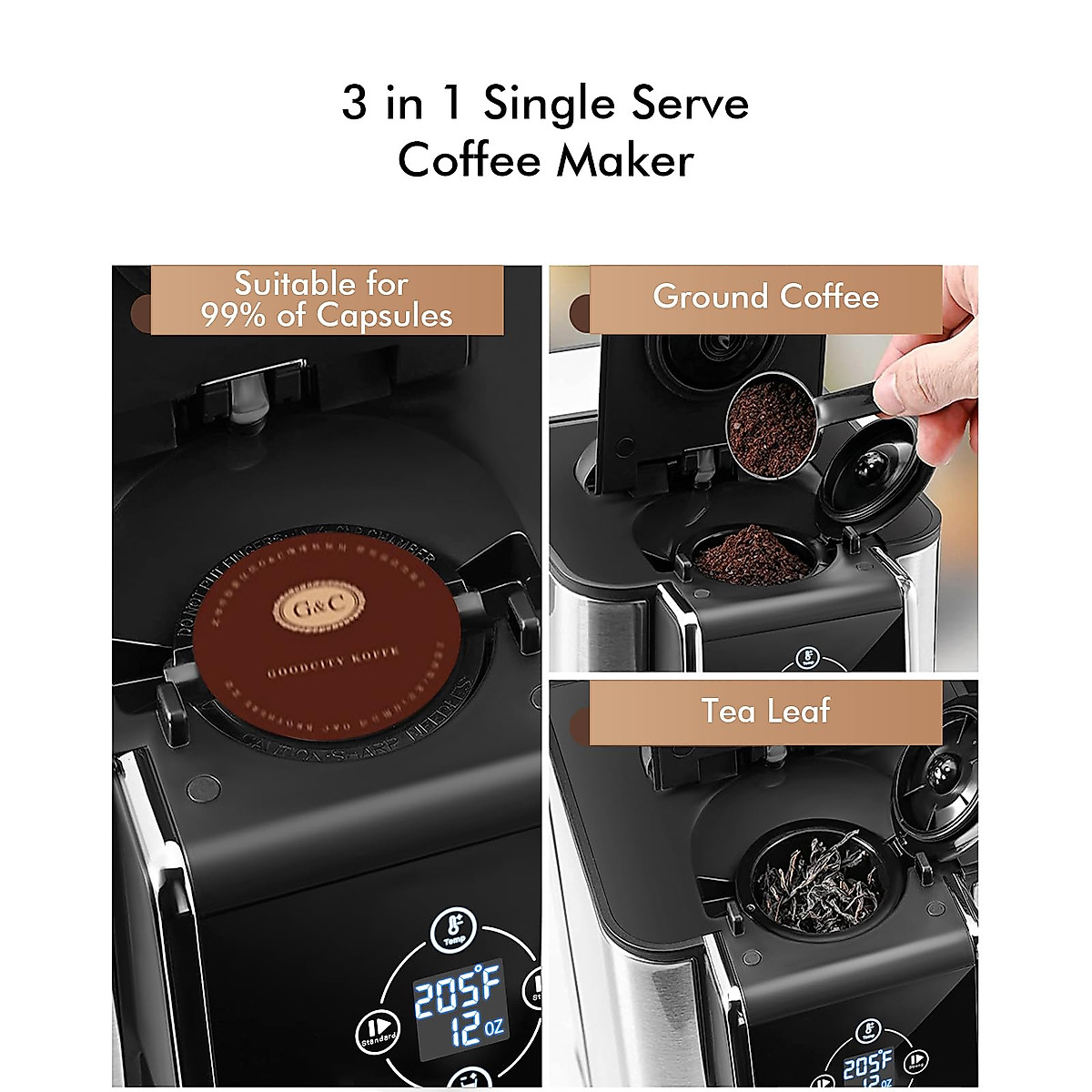 SIFENE 3-in-1 Single Serve Coffee Maker for K-pods, Ground Coffee, and Loose Leaf Tea, Custom Temperature and Strength Control, Quick Brew with Large 50 oz Reservoir