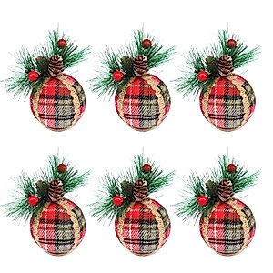 Shatterproof Ball Ornaments with Pinecones & Greenery 6pcs Buffalo Hanging Decorations for Xmas Tree Thin Clear String
