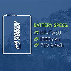 Wasabi Power NP-FW50 Camera Battery (2-Pack) for Sony ZV-E10, Alpha a5100, a6000, a6300, a6400, a6500, Alpha a7, a7 II, a7R, a7R II, a7S, a7S II, Cyber-Shot DSC-RX10 II, RX10 III, RX10 IV and More