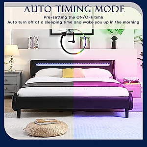 AnwickNomo Upholstered Platform Bed Frame with LED Lights Headboard, Faux Leather Wave-Like Bed Frame with Strong Wood Slats Support, Easy Assembly, No Box Spring Needed, Black (Full)