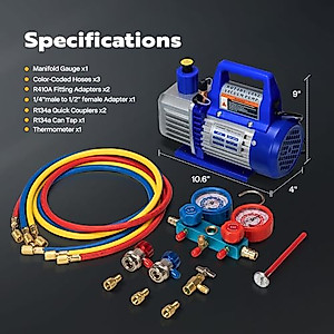 VIVOHOME 110V 1/4 HP 3.5CFM Single Stage Rotary Vane Air Vacuum Pump and AC Manifold Gauge Set Kit with Thermometer for R134a R12 R22 R502 R410a HVAC Air Conditioning Refrigeration Recharging